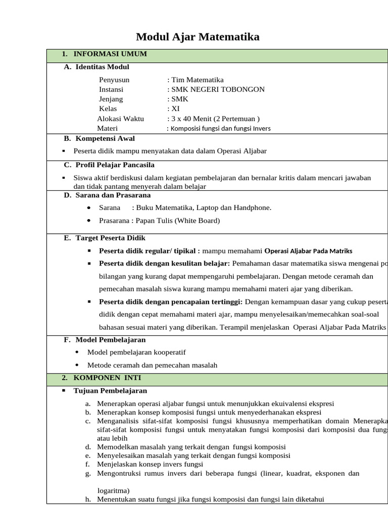 Modul Ajar Komposisi dan Invers Fungsi | PDF
