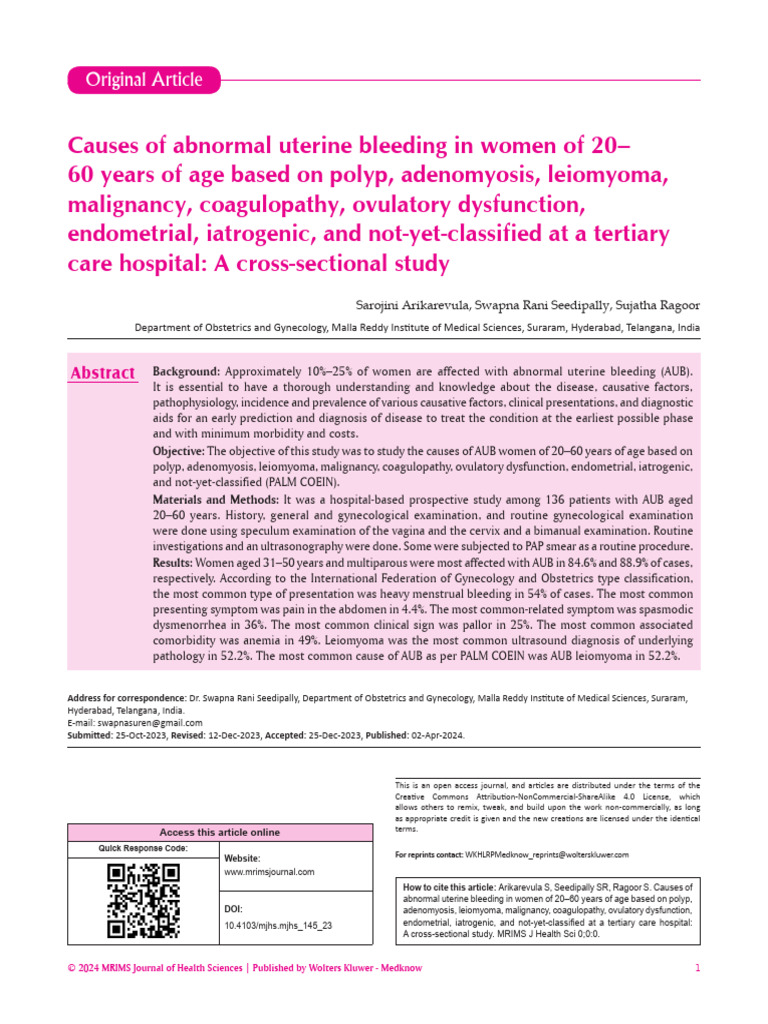 Causes of Abnormal Uterine Bleeding in Women Of.14 | PDF | Human ...