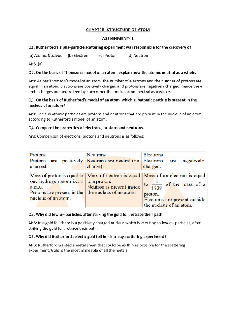 Structure of Atom Assignment 1 | PDF