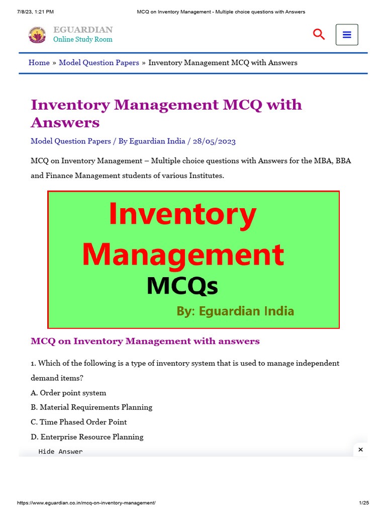 MCQ On Inventory Management - Multiple Choice Questions With Answers | PDF | Inventory | Barcode
