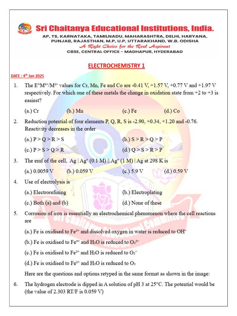 Electrochemistry Exam Questions and Answers | PDF | Redox | Anode