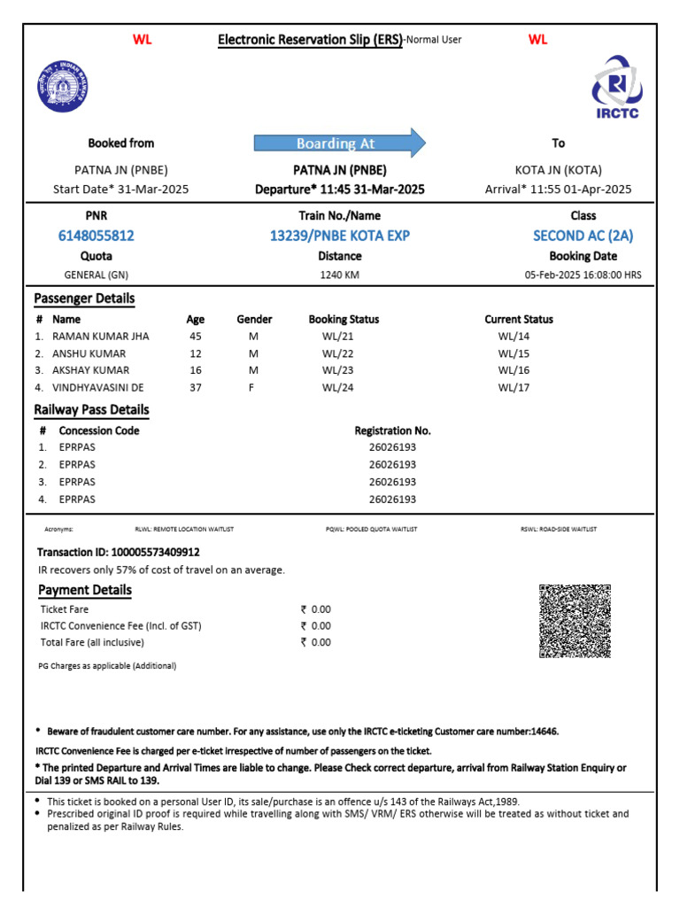 13239/pnbe Kota Exp Second Ac (2A) : WL WL | PDF | Identity Document