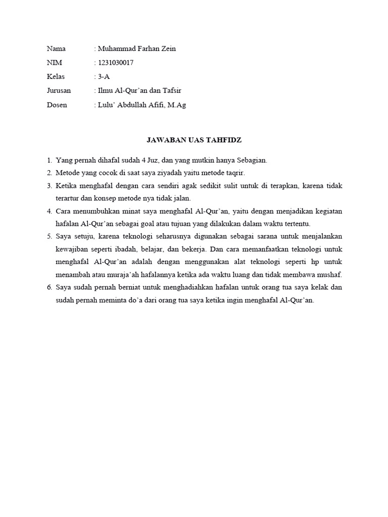 Muhammad Farhan Zein_1231030017_UAS TAHFIDZ 1 | PDF