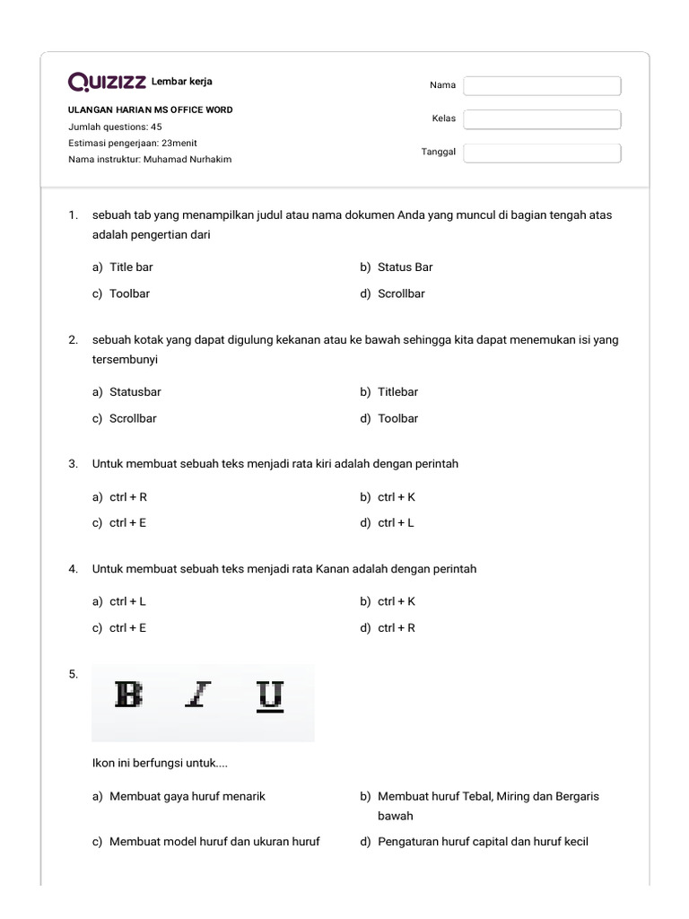 ULANGAN HARIAN MS OFFICE WORD - Quizizz | PDF