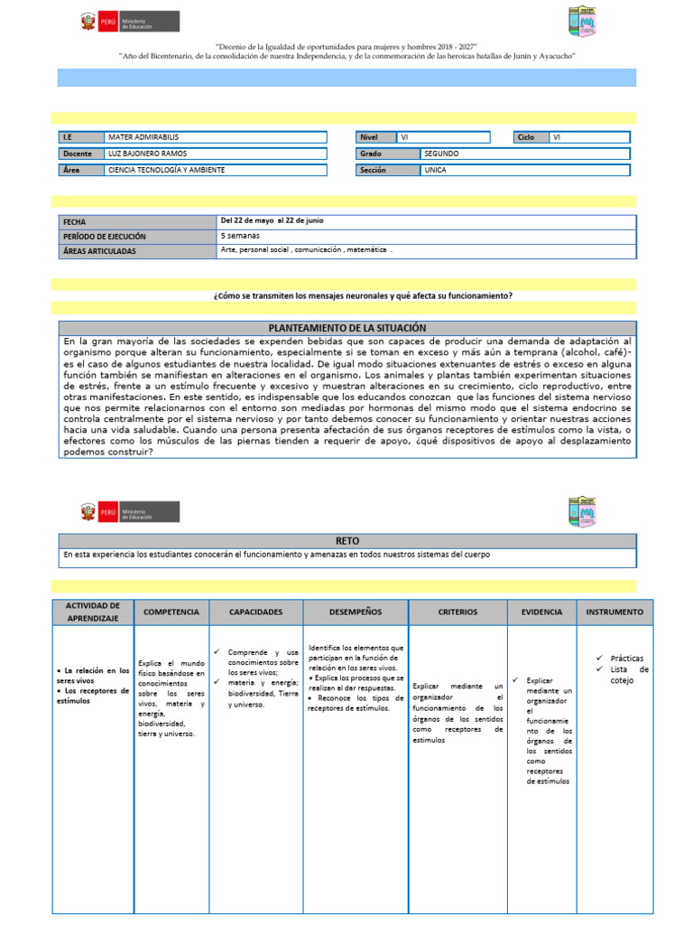 Experiencia de Apre. Unidad 3 - 2° Secun. | PDF | Aprendizaje | Entorno natural