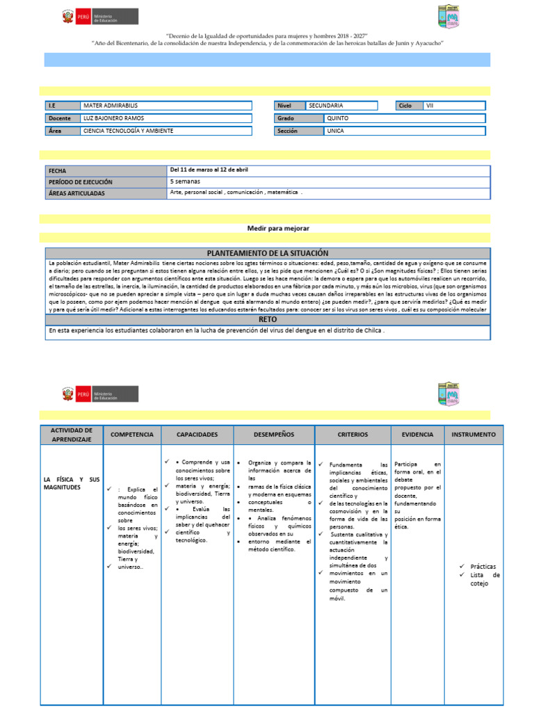 Experiencia de Aprendizaje #1 - 5 Secun. | PDF | Medición | Entorno natural