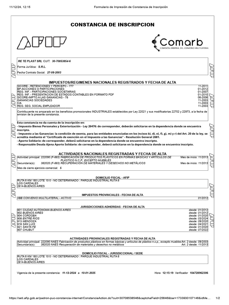 Constancia de Inscripción AFIP - RE TE PLAST S.R.L | PDF