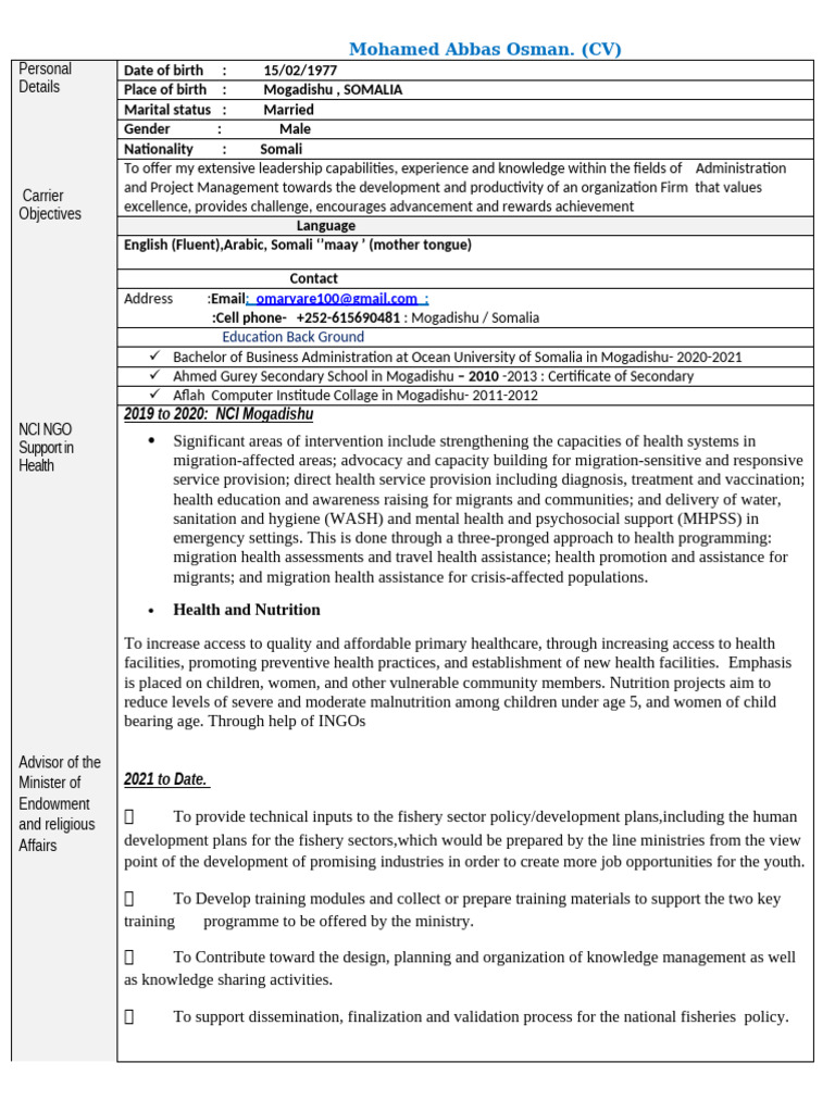 Mohamed Abbas Osman's Professional Profile | PDF | Mogadishu | Somalia