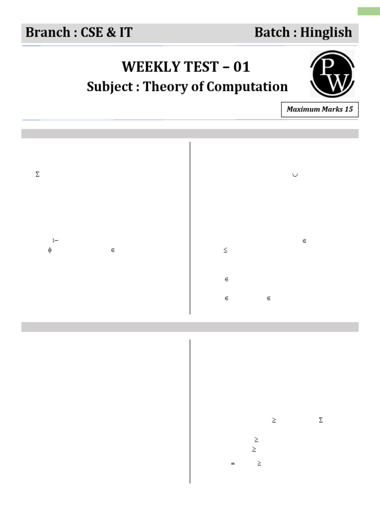 Weekly Test on Theory of Computation | PDF | Regular Expression ...