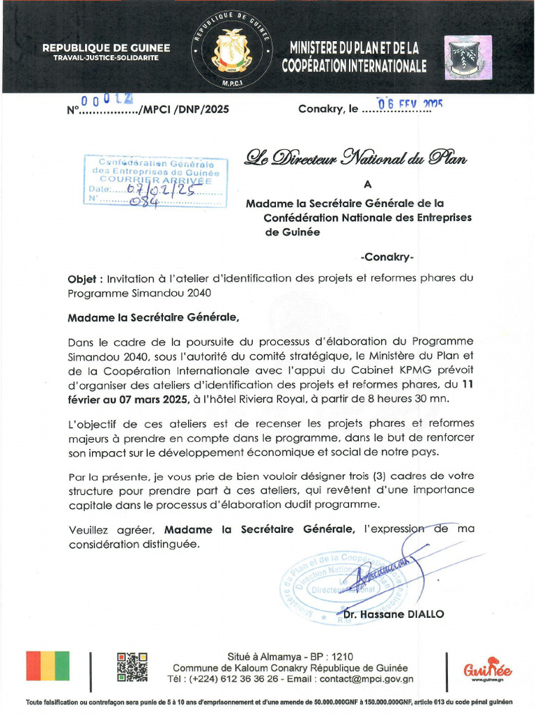 MINISTERE DU PLAN ET de LA COOPERATION Invitation À L'atelier D ...