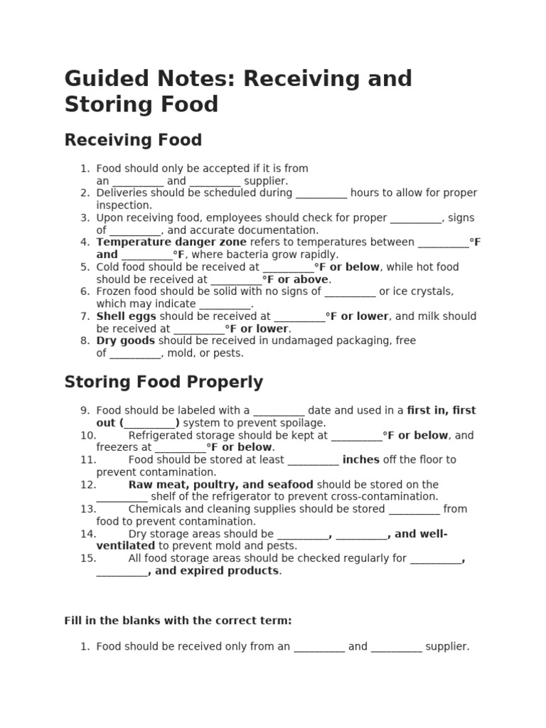 Guided Notes - Receiving and Storing Food | PDF | Refrigerator | Food ...