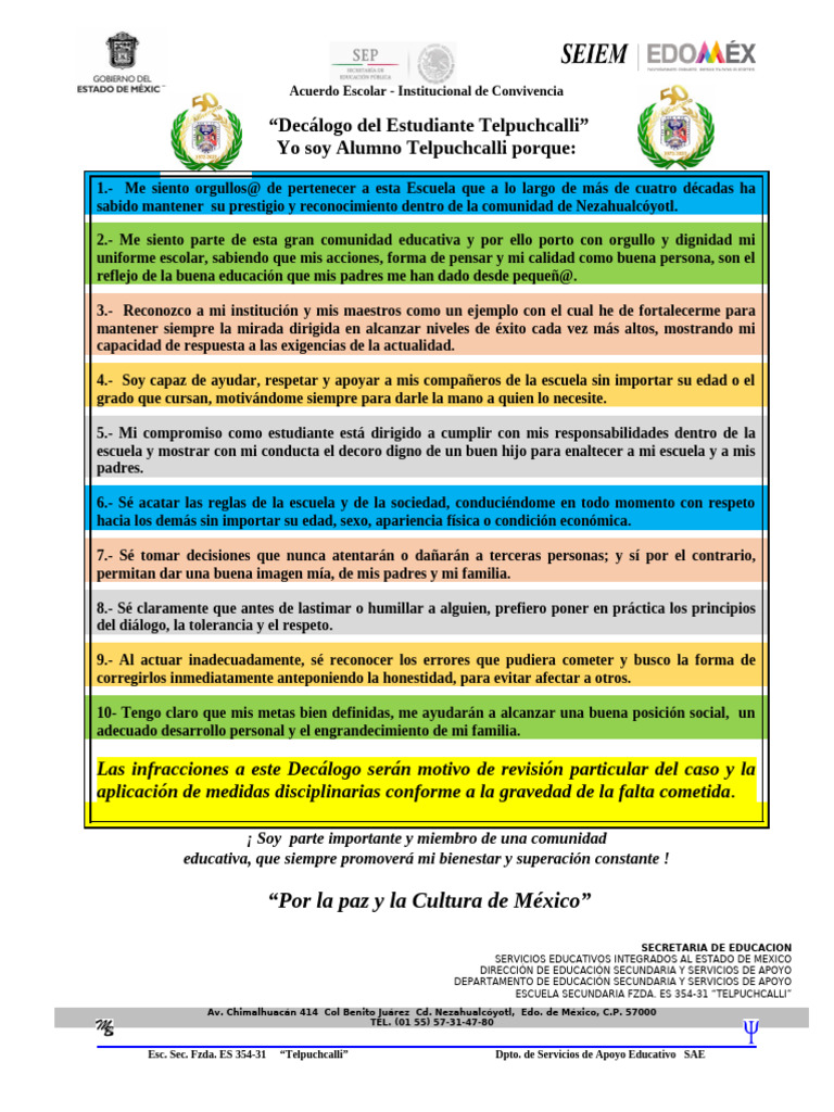 Decálogo del Estudiante Telpuchcalli | PDF | Escuelas