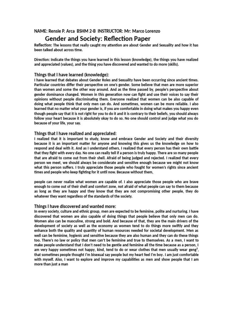 Gender Roles & Society Reflection | PDF | Gender | Gender Studies