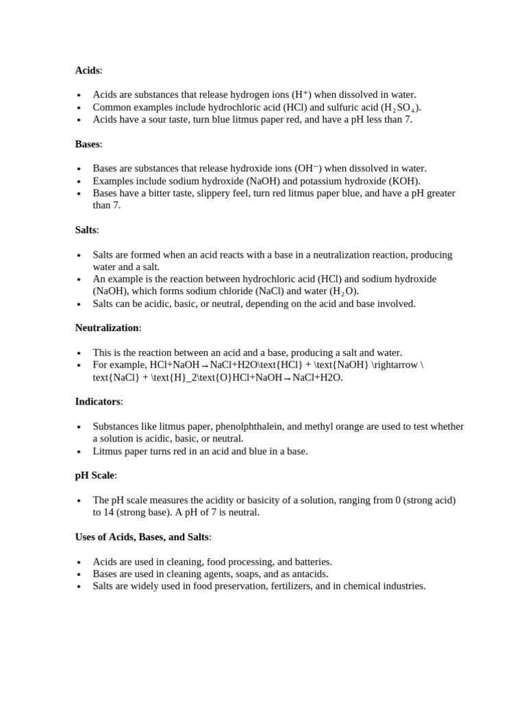 Acids Bases and Salts Cheet Sheet | PDF