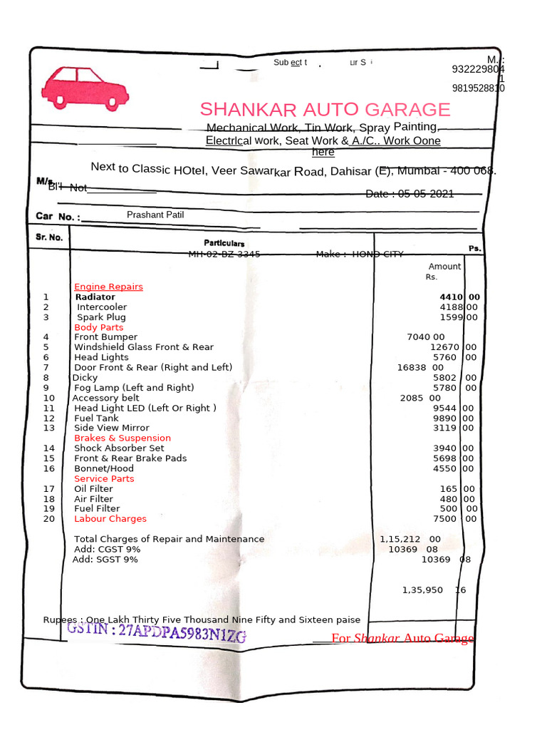 Car Maintenance Bill-converted | PDF | Rear Wheel Drive Vehicles ...