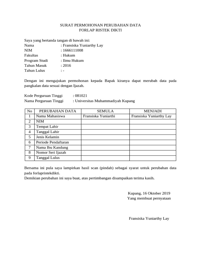 Surat Permohonan Perubahan Data Mahasiswa | PDF