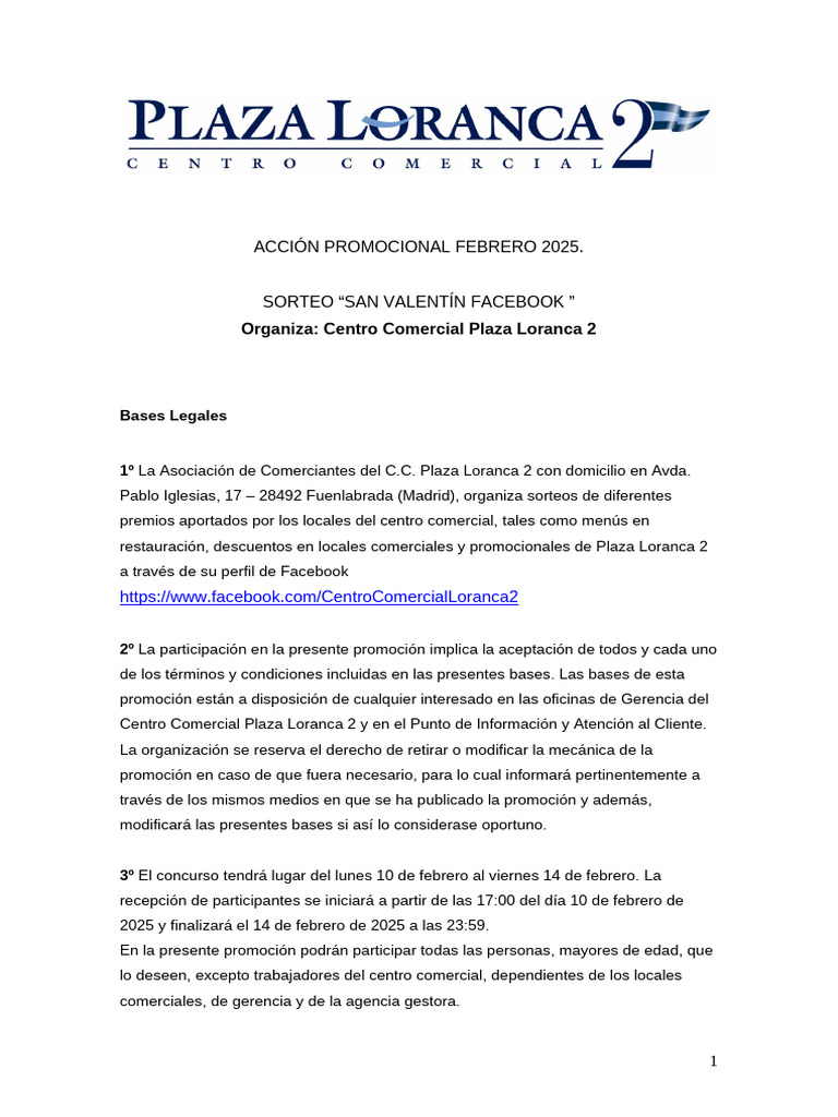 Bases Legales Sorteo San Valentin Facebook Plaza Loranca 2 | PDF | Facebook