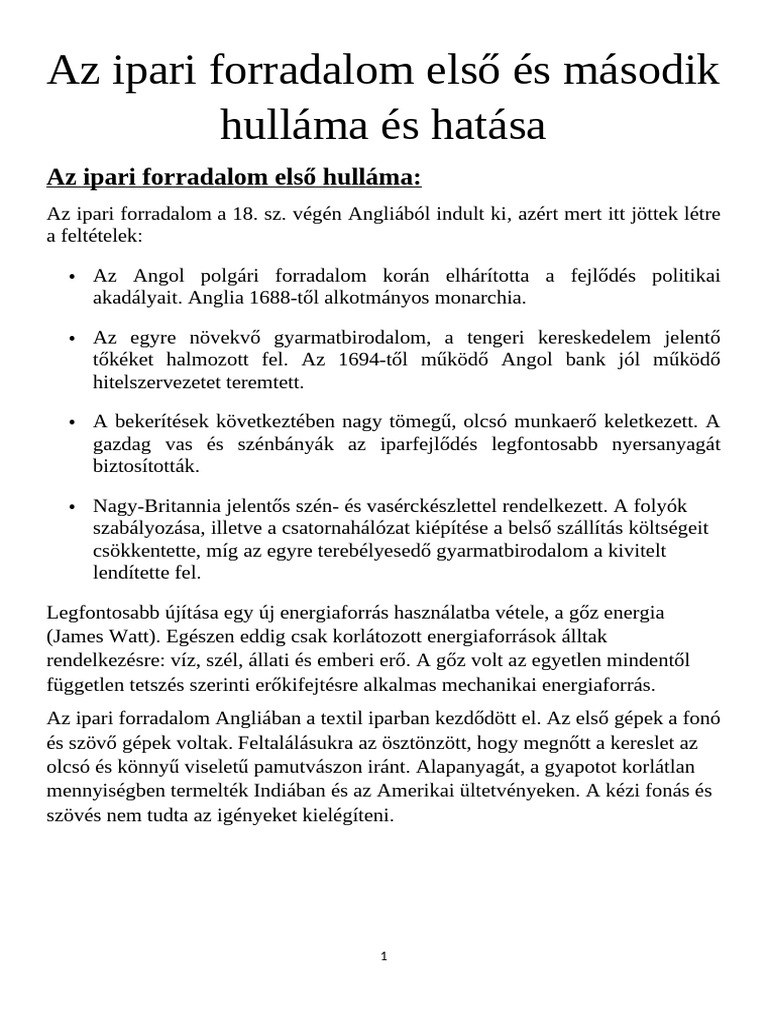 Az Ipari Forradalom Első És Második Hulláma És Hatása | PDF