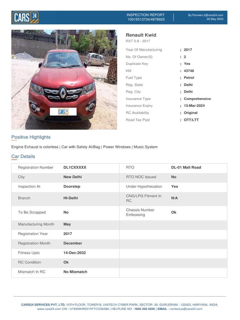 Renault Kwid 2017 Inspection Report | PDF | Automotive Technologies ...