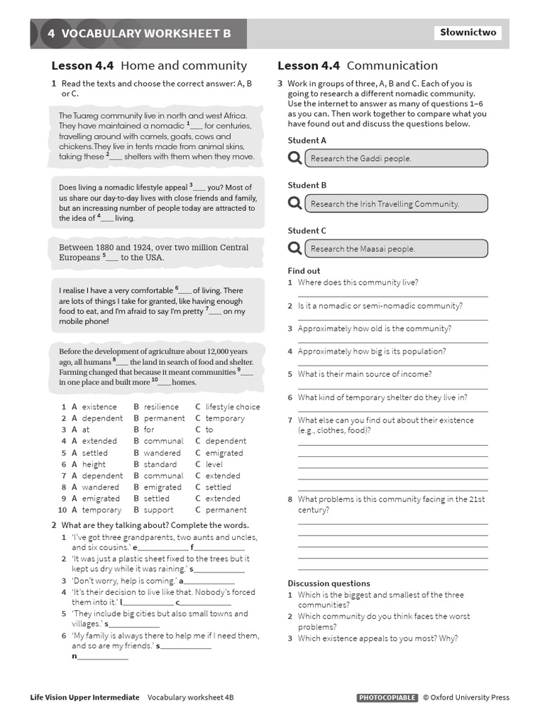 Life Vision U-Int Vocab Worksheet B U4 | PDF | Nomad