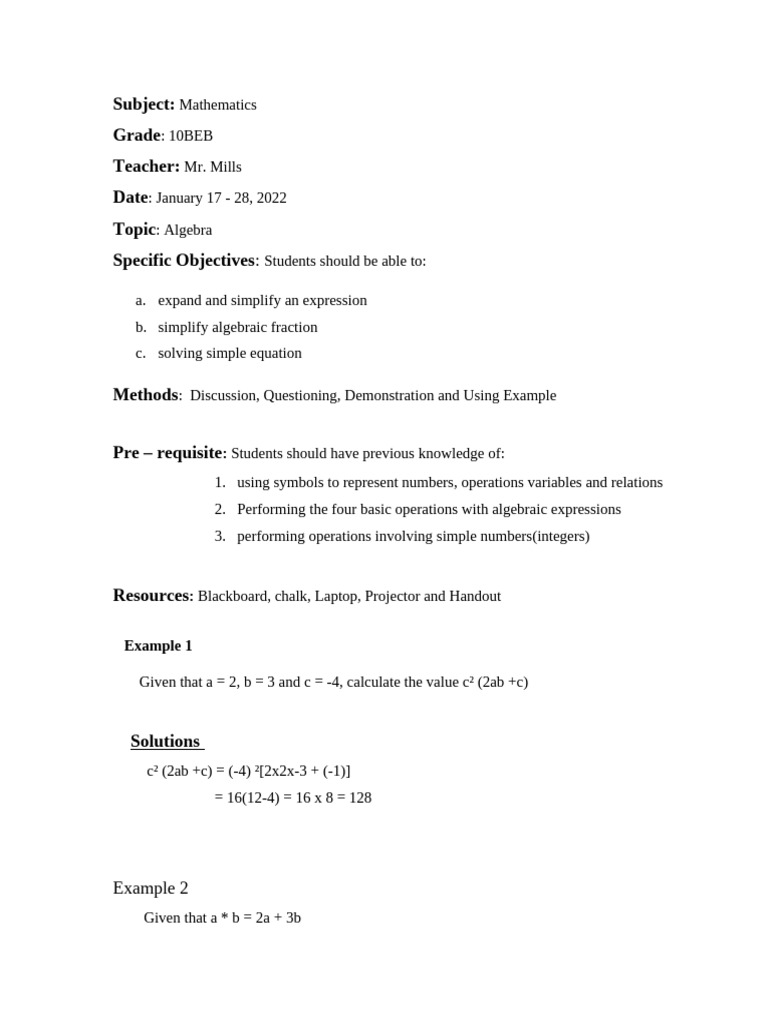 10BEB January 17 - 28, 2022 Algebraic Expressions and Equations. | PDF ...