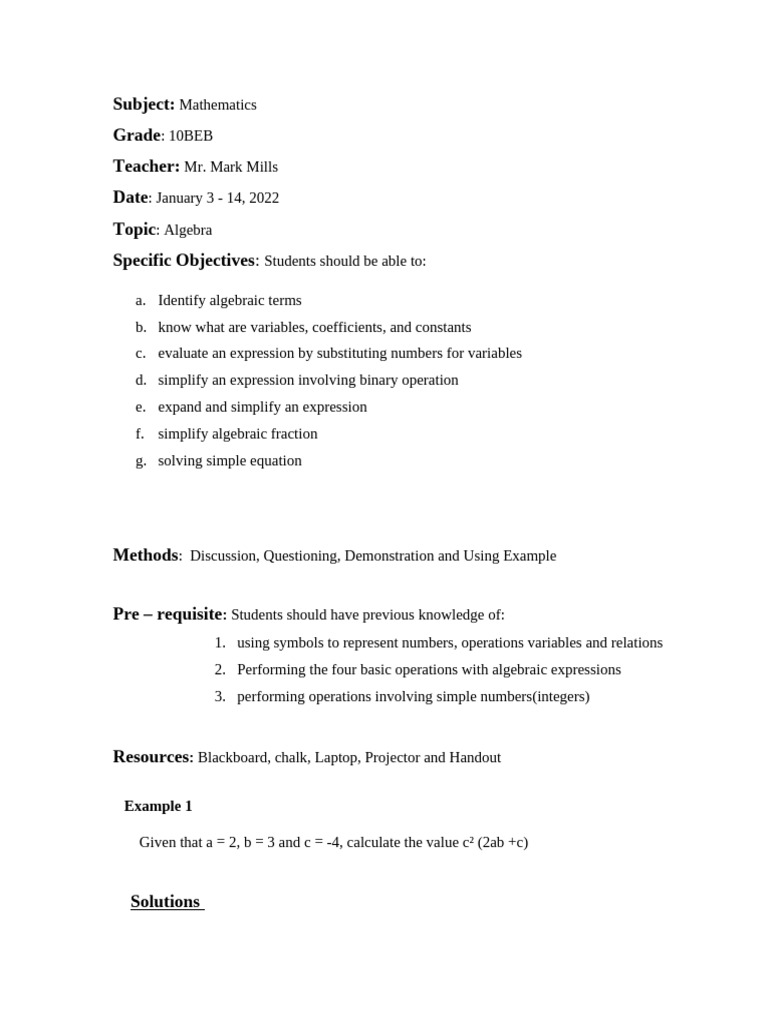 10th Grade Algebra Curriculum Guide | PDF | Algebra | Variable ...