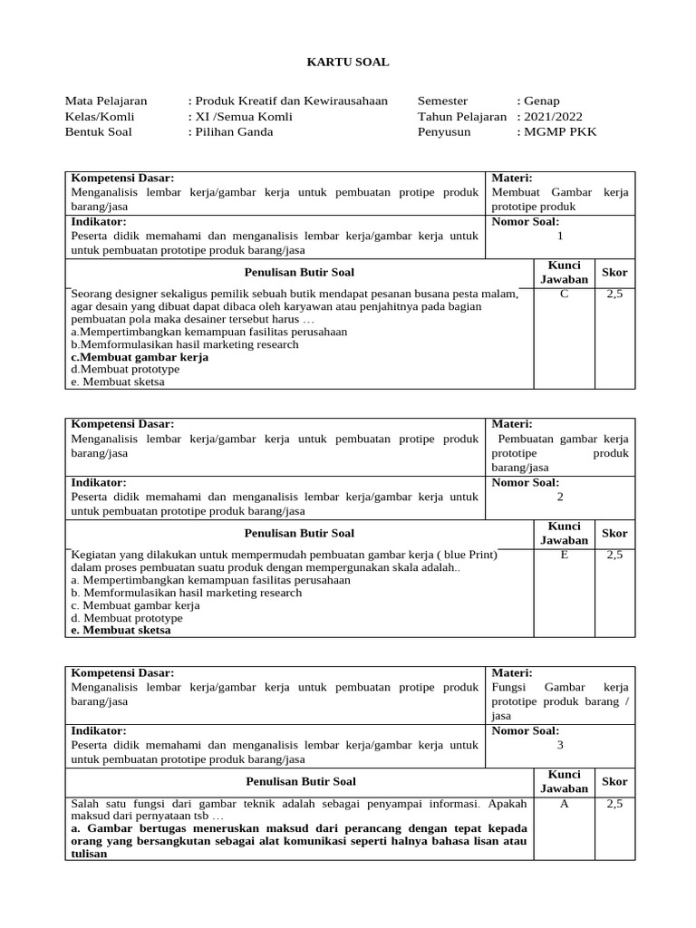 KARTU SOAL PAS PKK TKR XI GENAP 2023 | PDF