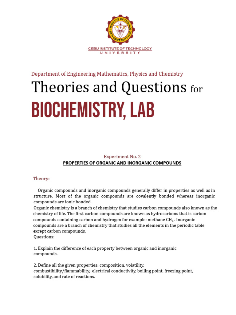 Biochemistry Lab: Organic vs Inorganic Compounds | PDF | Carbohydrates ...