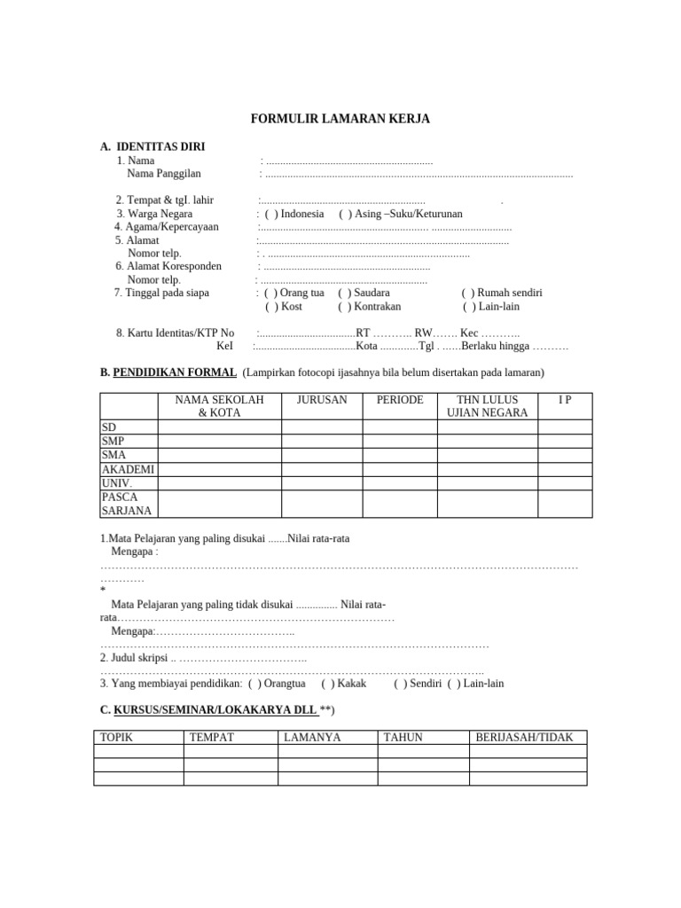 Formulir Lamaran Kerja Lengkap | PDF