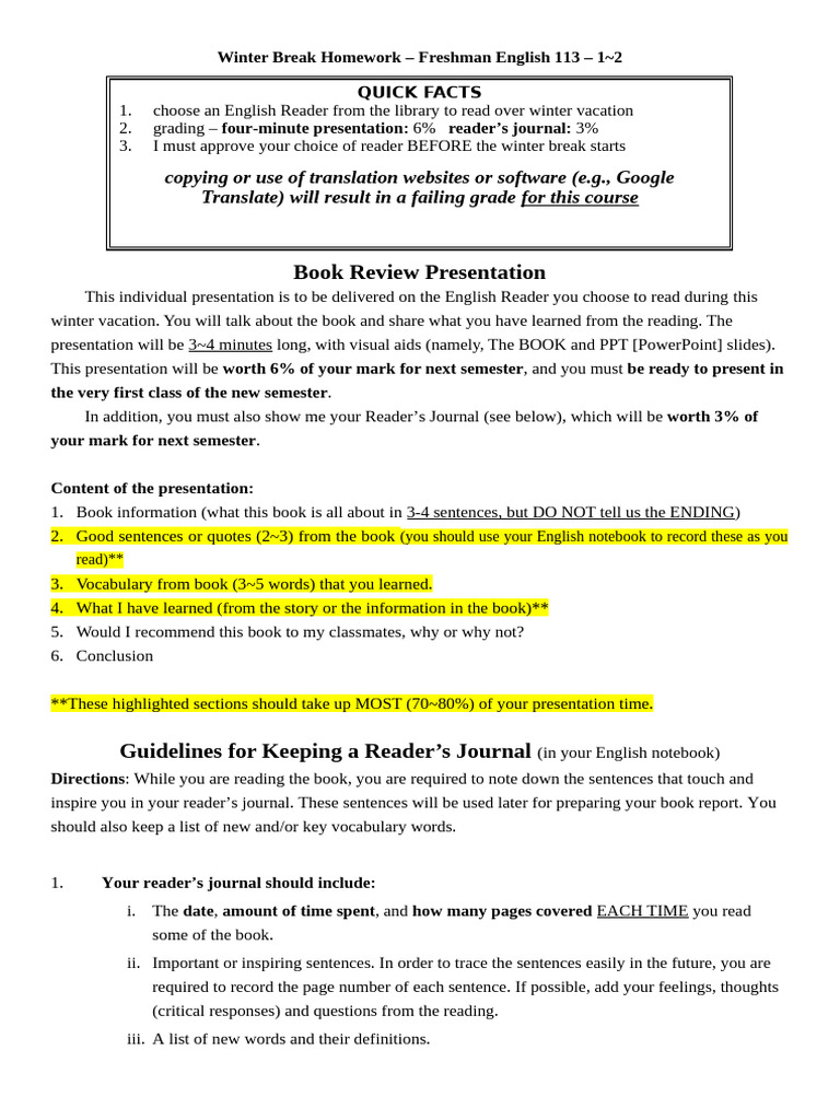 Winter Break Book Presentation Guide | PDF | English Language | Books