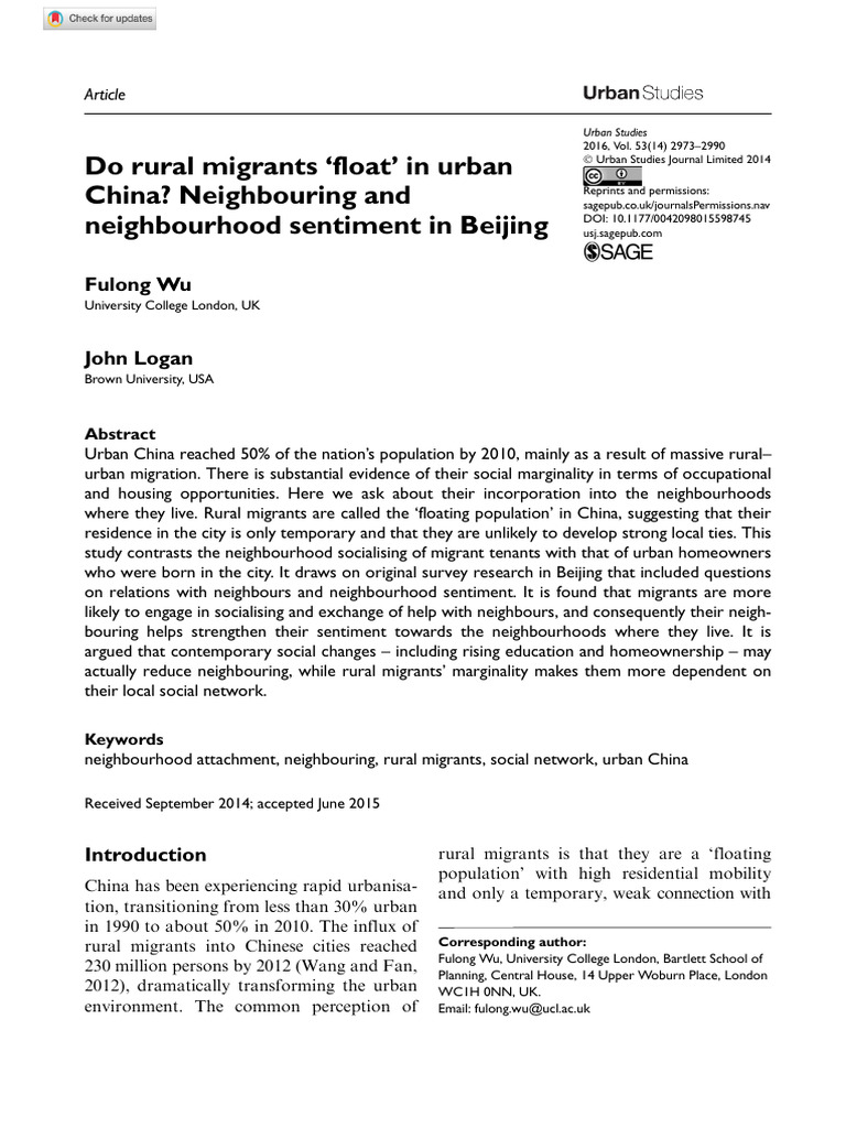 Wu Logan 2015 Do Rural Migrants Float in Urban China Neighbouring and Neighbourhood Sentiment in ...