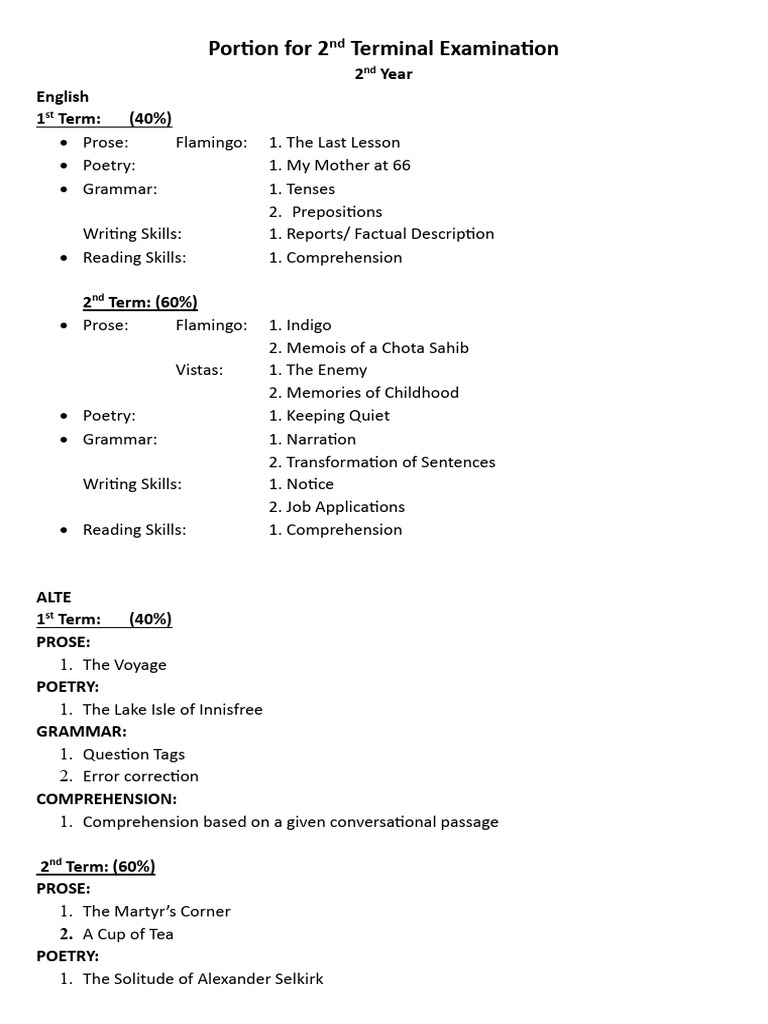 2nd Year Portion For 2nd Terminal Examination, English & ALTE | PDF