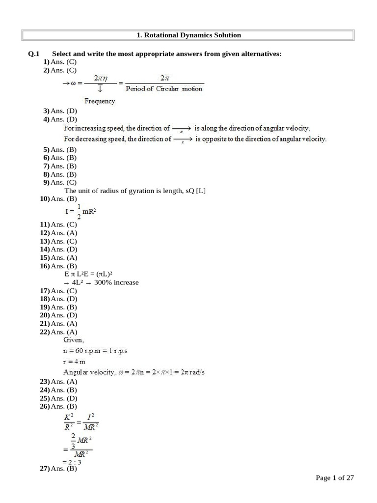 1.rotational Dynamics Sol | PDF | Angular Momentum | Rotation Around A ...