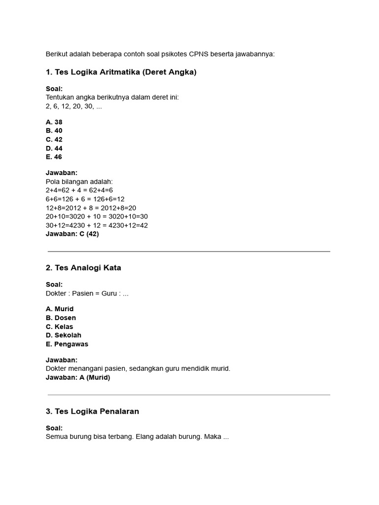 Soal Psikotes CPNS Beserta Jawabannya | PDF