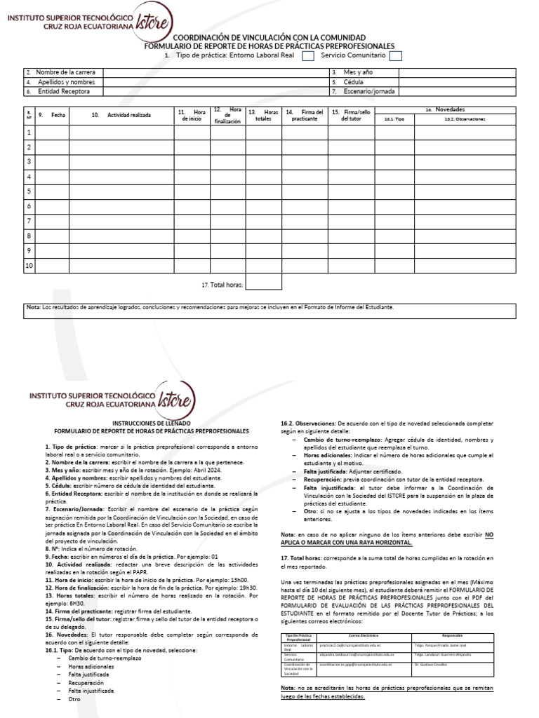 Formulario de Reporte de Horas de Prácticas Preprofesionales | PDF