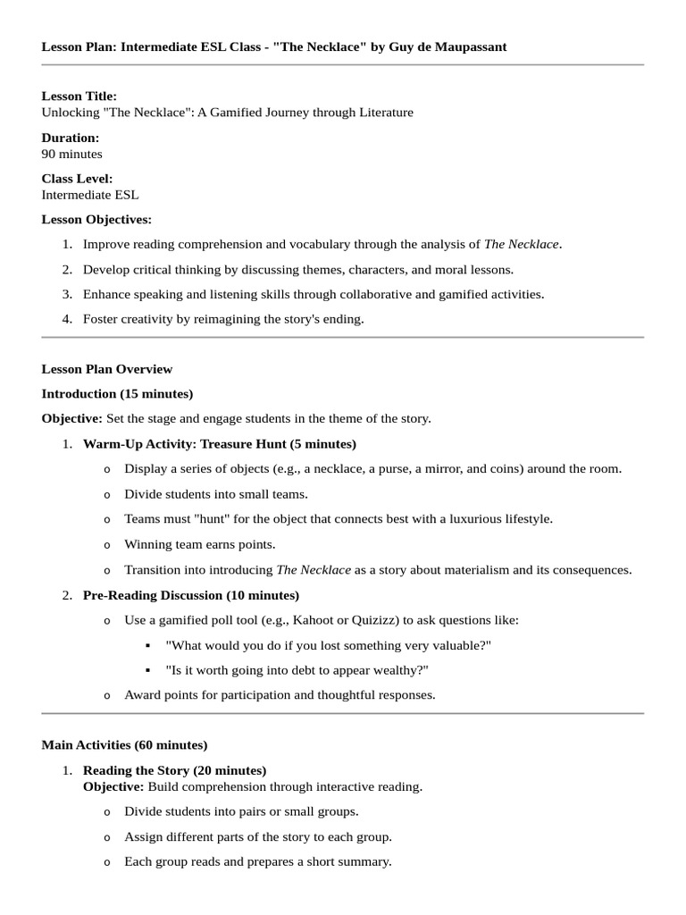 Lesson Plan Gamification The Necklace | PDF | Reading Comprehension | Lesson Plan