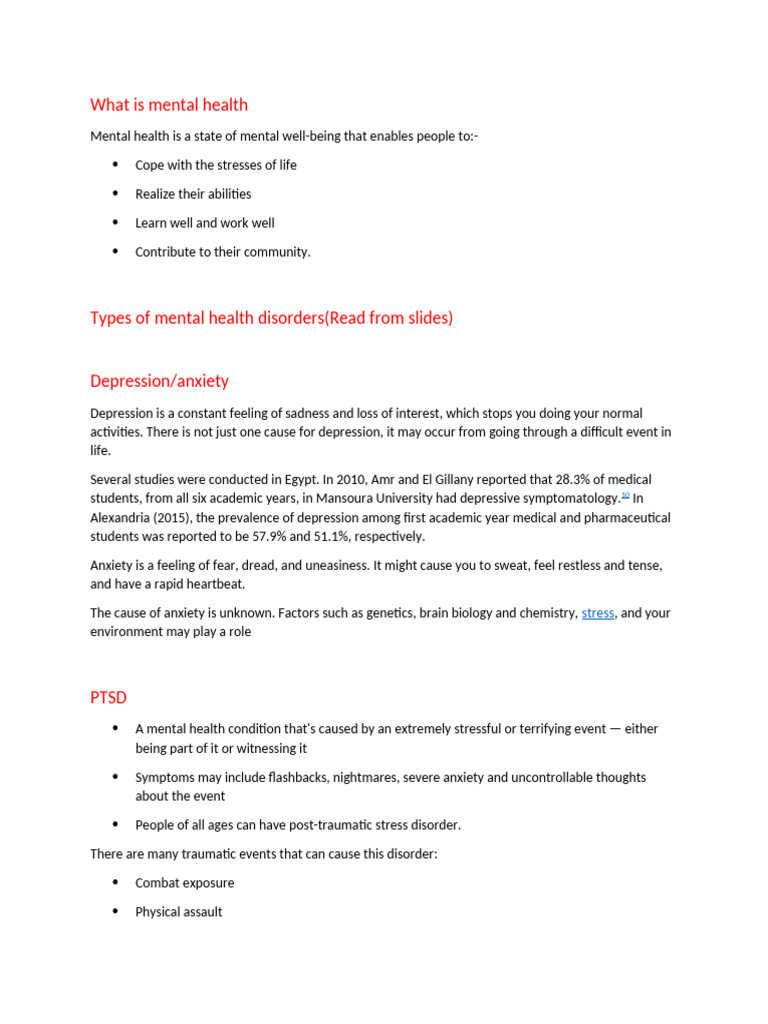 Mental Health Pres Notes | PDF | Anxiety | Mental Disorder
