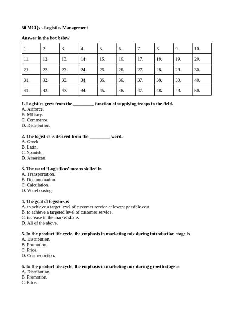 50 MCQs on Logistics Management | PDF | Oil Tanker | Cargo
