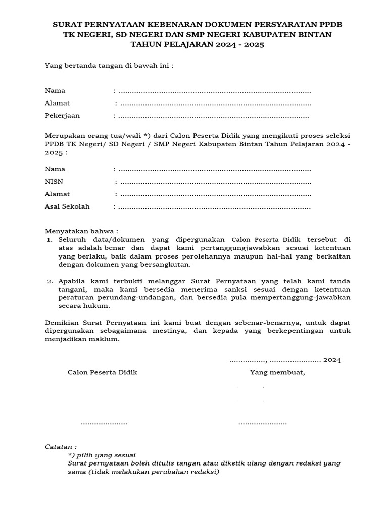 Surat Pernyataan PPDB | PDF