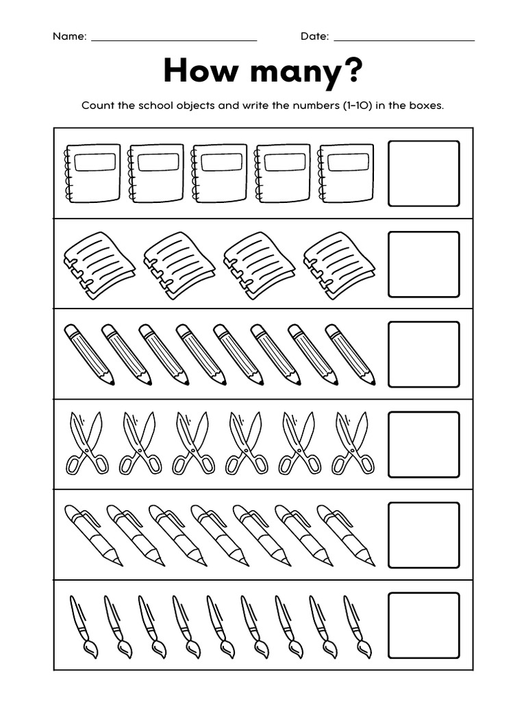 Black and White How Many School Objects Worksheet | PDF