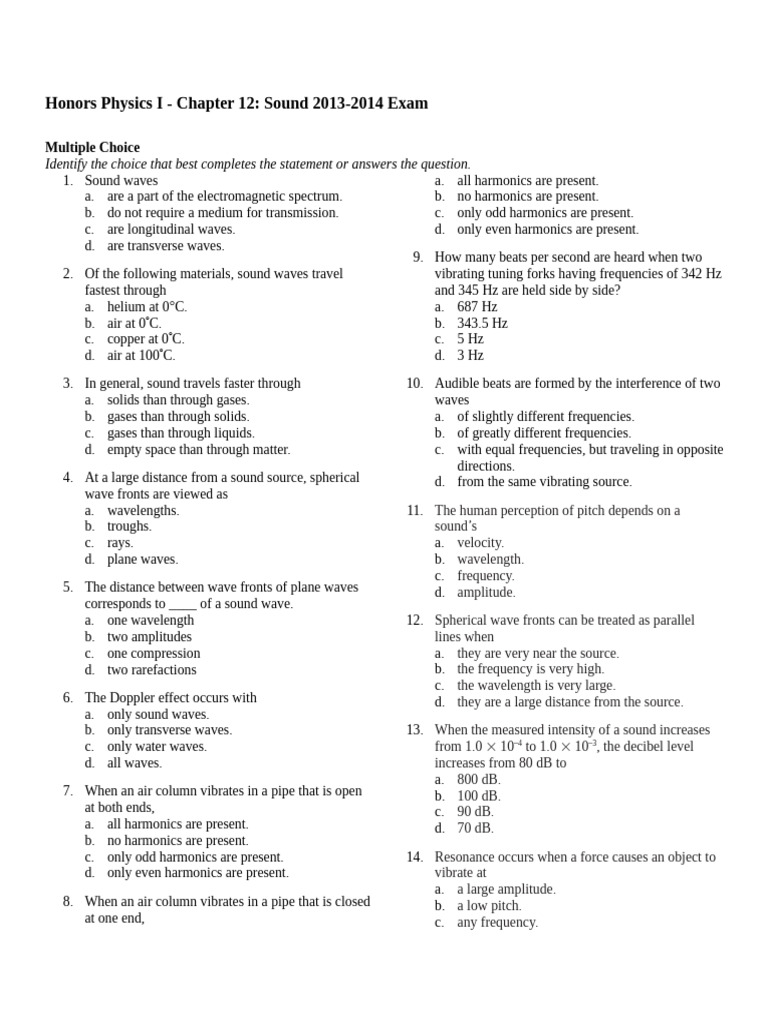 Honors Physics Sound Exam Questions | PDF | Sound | Pitch (Music)