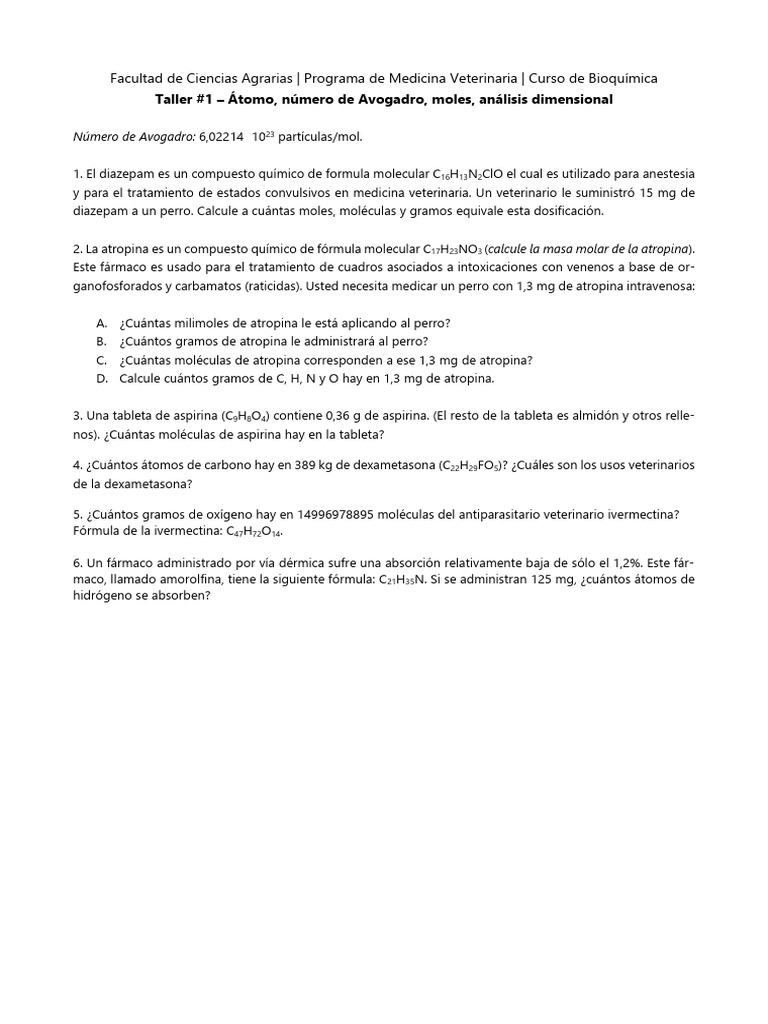 Taller #1 - Átomos, Número de Avogadro, Moles, Análisis Dimensional ...