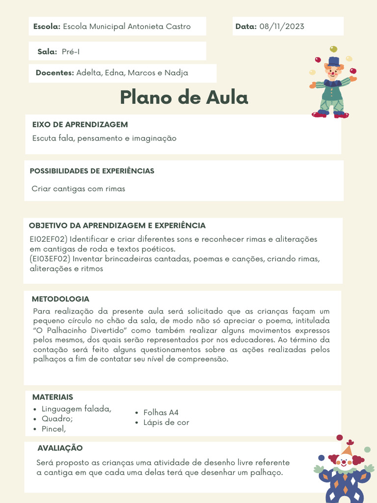 Plano de Aula Do Dia 08-11-2023 | PDF