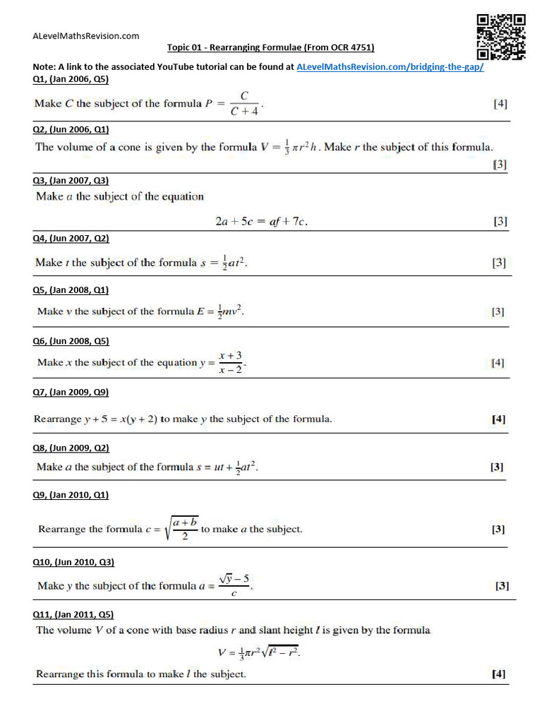 Topic 01 - Rearranging Formulae | PDF
