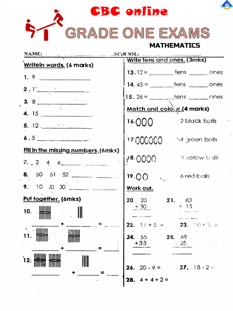 MATHEMATICAL ACTIVITIES GRADE ONE Exam | PDF