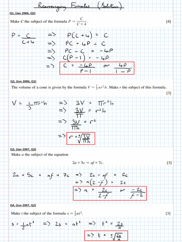 Topic 01 - Rearranging Formulae Solutions | PDF