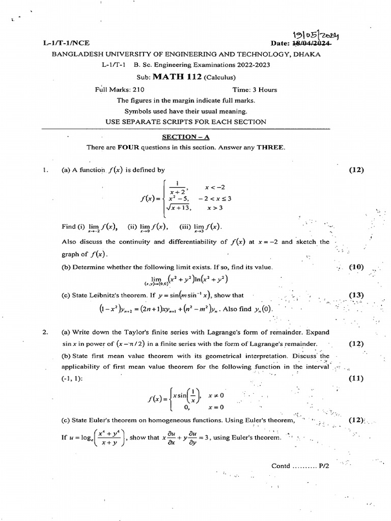 L-1 T-1, NCE, 2022-2023.pdf | PDF | Integral | Area