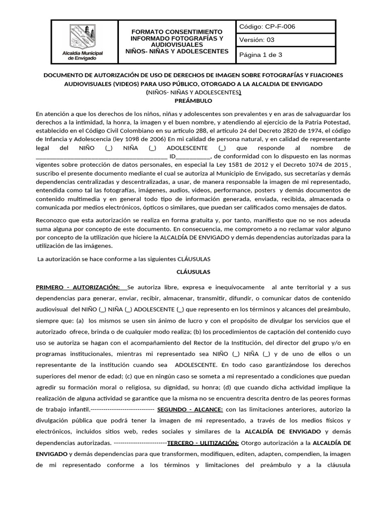 Formato Consentimiento Informado para Niños Niñas y Adolescentes | PDF