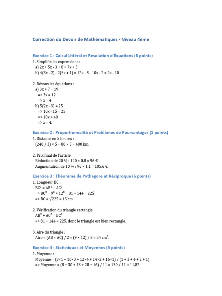 Correction Math 4ème : Équations et Statistiques | PDF