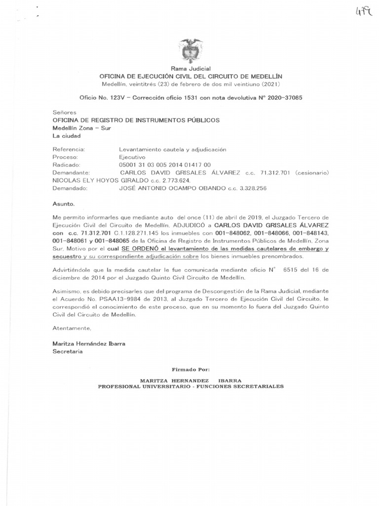 096 Oficio Levantamiento Medidas Cautelares | PDF